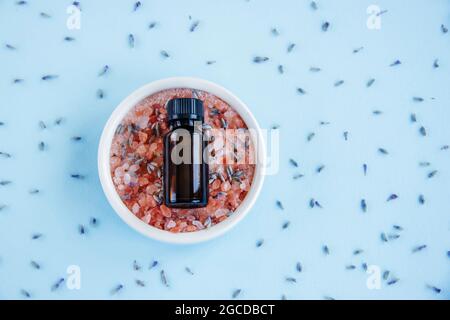 Lavender sea salt in a glass jar close-up. copy space. Selective focus ...