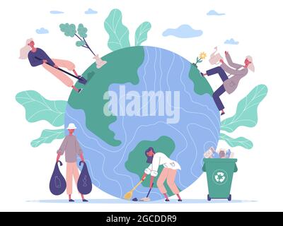 People take care earth. Volunteers cleaning green planet, planting and ...