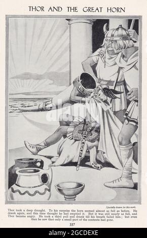 Vintage illustration of Thor with the God Loki and his servant Thialfi ...
