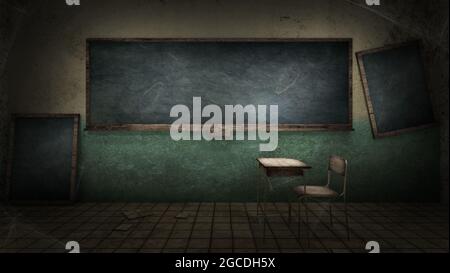 horror and creepy classroom in the school with text help blood. 3D ...