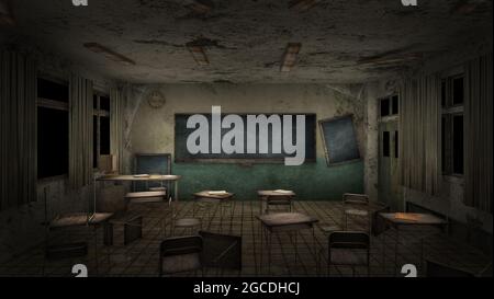 horror and creepy classroom in the school with text help blood. 3D ...