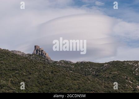 Quéribus, one of the famous Cathar castles, stands well-defended on a ...