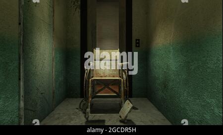 horror and creepy lift with wheelchair in the hospital and help blood ...