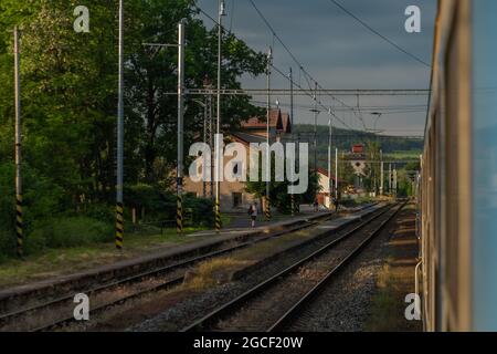 Blue czech trains near in Plzen town area in sunrise morning color time Stock Photo - Alamy