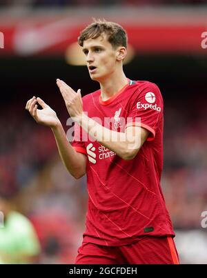 Tyler Morton of Liverpool during the pre-match warm-up during Premier ...