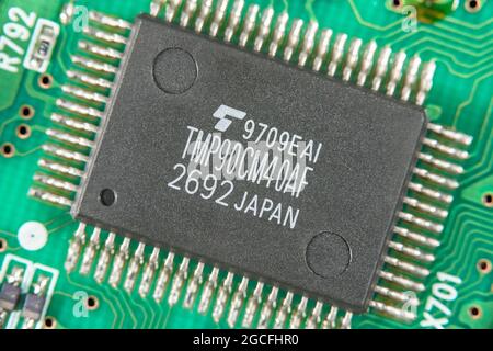 Macro close up shot of a microchip made in Philippines on a legacy ...
