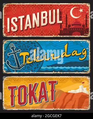 Tokat Turkey il province retro travel plate, vintage vector banner of ...