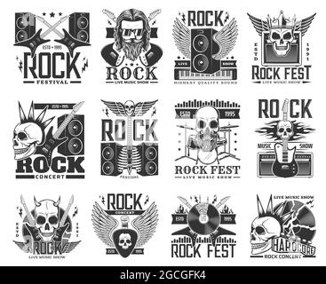 Skull with guitars and rock hand symbol. Logo for rock band. Logo for ...