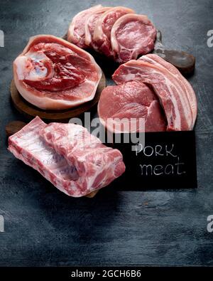 raw meat. Different types of raw pork meat, chicken and beef with ...
