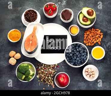 Best products for brains on dark gray background. Clean eating concept ...