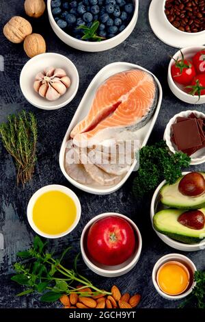 Best products for brains on dark gray background. Clean eating concept ...