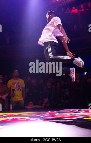 EDITORIAL USE ONLY Bboy, AJ the Cypher Cat from Wolverhampton performs ...