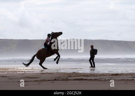 Women ride horse on Rhossilli Bay beach in West Wales, UK with the haze ...