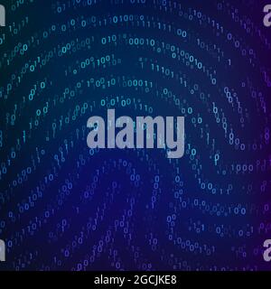 Binary code by fingerprint shape. Cyber security technology. Digital verification information ...