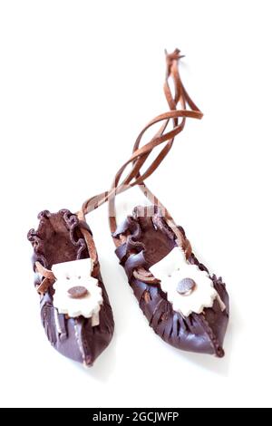 Traditional Bulgarian folk leather shoes - tsarvuli. Selective focus ...