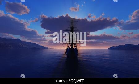 old ship sunset at sea illustration 3d rendering Stock Photo - Alamy