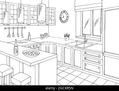 Interior sketch of kitchen room. Outline blueprint design of kitchen ...