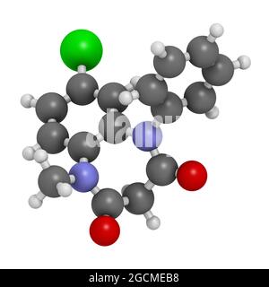 Clobazam epilepsy drug molecule. 3D rendering. Atoms are represented as ...