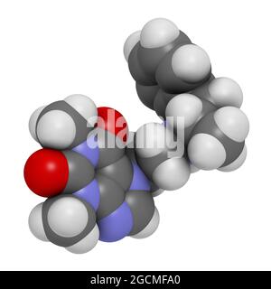 Fenetylline (fenethylline) stimulant drug molecule. White skeletal ...