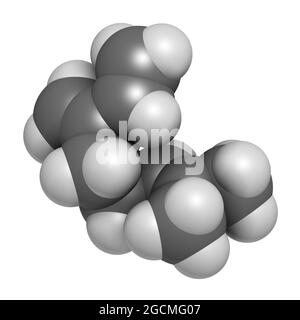 Myrcene monoterpene molecule. 3D rendering. Atoms are represente Stock ...