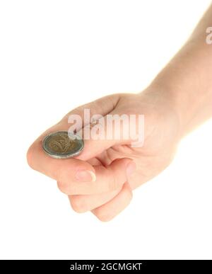 Hand of woman flipping coin isolated on white Stock Photo - Alamy