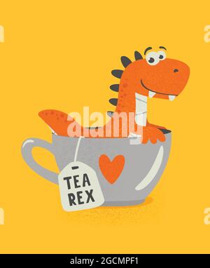 Tea Rex. Vector Funny and Cute Textured Cartoon Dinosaur in Tea Cup ...