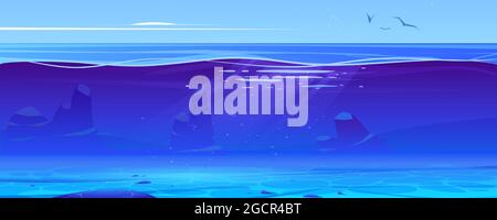 Ocean or sea underwater background cross section view and cloudy sky ...