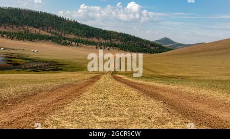 Landscape of the green Mongolian steppe under a gloomy sky, Ovorkhangai ...