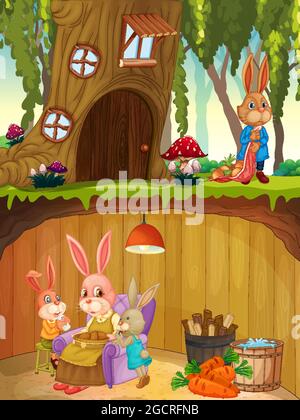 Underground room scene with rabbit family cartoon character ...