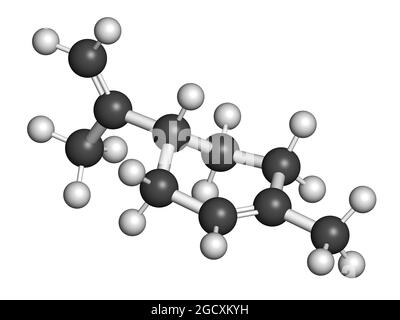 Limonene (D-limonene) citrus scent molecule. 3D rendering. Atoms are ...