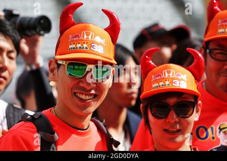 Circuit atmosphere - a Max Verstappen (NLD) Red Bull Racing fan dressed ...