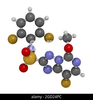Florasulam herbicide molecule. 3D rendering. Atoms are represented as ...