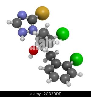 Prothioconazole fungicide molecule. 3D rendering. Atoms are represented ...