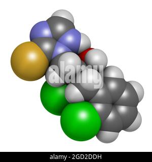 Prothioconazole fungicide molecule. 3D rendering. Atoms are represented ...