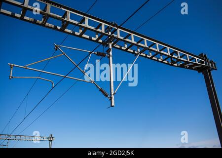 pantograph of an electric train against the sky. electric train ...