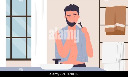 Young man shaving with razor blade hand drawn vector illustration Stock ...