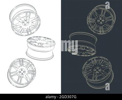 Stylized vector illustration of drawings of alloy wheels blueprints ...