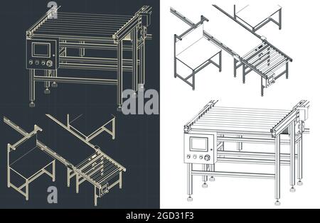 Stylized vector illustration of сonveyor section of blueprints of ...