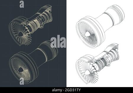 Stylized vector illustration of drawings of turbofan engine Stock ...