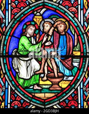The Passion Window, Jesus washes feet of his Disciples, stained glass ...