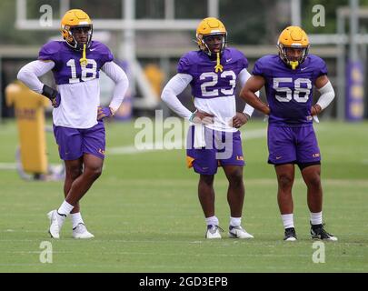 August 10, 2021: LSU linebackers Mike Jones Jr. (19) and Sloan Wright ...
