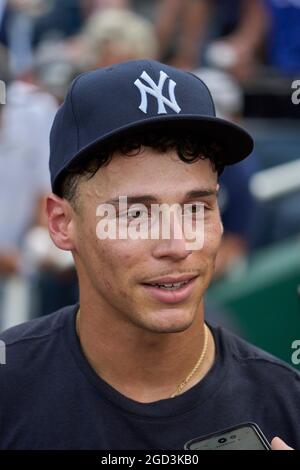 New York Yankees' Andrew Velazquez bats in the fourth inning of a ...