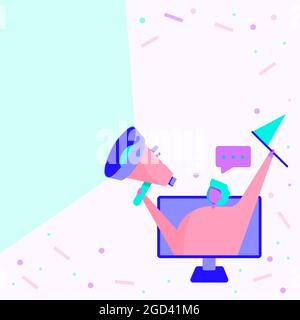 Lady Inside A Monitor Screen Drawing Holding Megaphone And Flag With ...