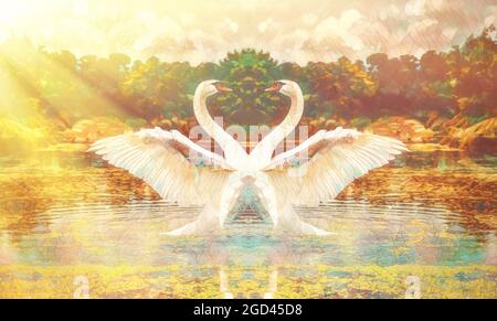 Lake with white swans and mosaic structure Stock Photo - Alamy