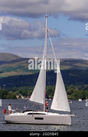 Sailboat on Lake Windermere, Lake District National Park, Cumbria UK ...