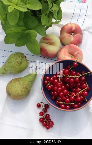 Red currant in a blue bowl. Close up photo of seasonal berries. Eating ...