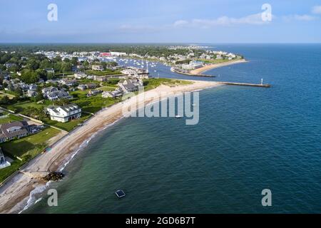 Aerial view of Falmouth inner harbor and the ocean, Cape Cod, Mashpee ...