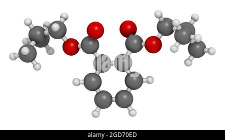 Diisobutyl phthalate (DIBP) plasticizer molecule. 3D rendering. Atoms ...