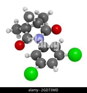 Procymidone pesticide molecule. 3D rendering. Atoms are represented as ...