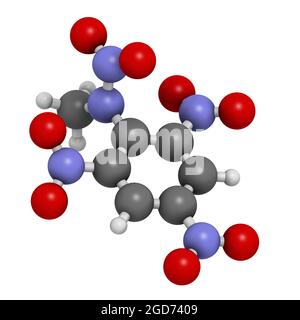 Tetryl explosive molecule. 3D rendering. Atoms are represented as ...